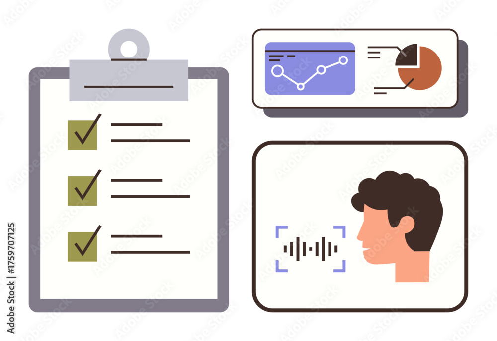 Task list clipboard, data charts with diagrams, human face with voice ...