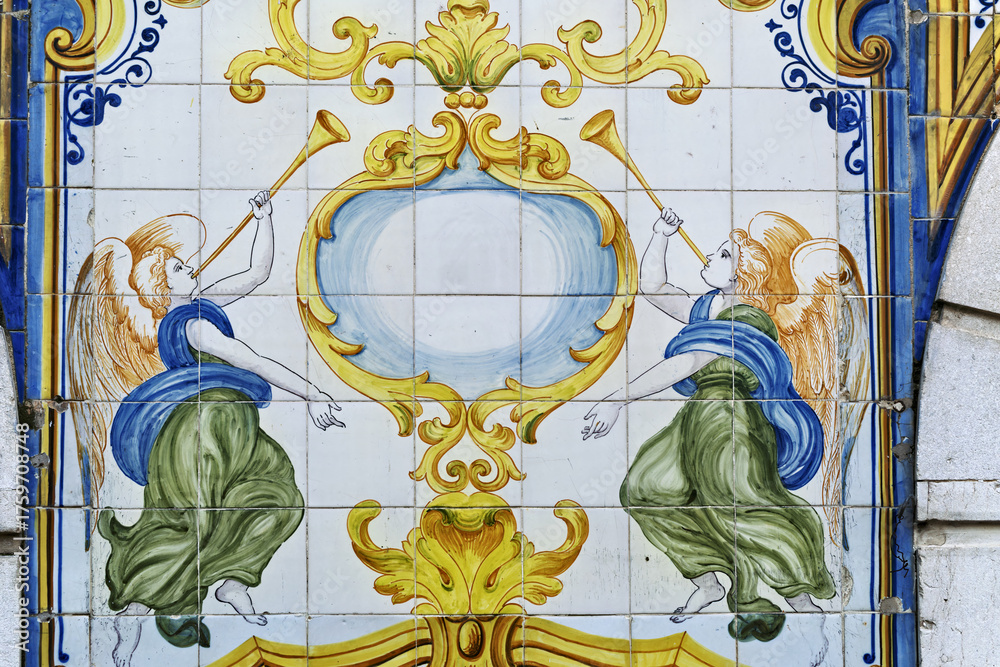 azulejos Ceramic tile mural depicting two winged figures, likely angels ...