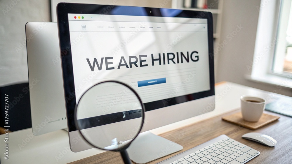 Computer Monitor Displaying We Are Hiring Text with Magnifying Glass ...