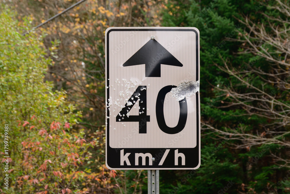 Road sign damaged by firearm discharge: speed limit change ahead sign ...