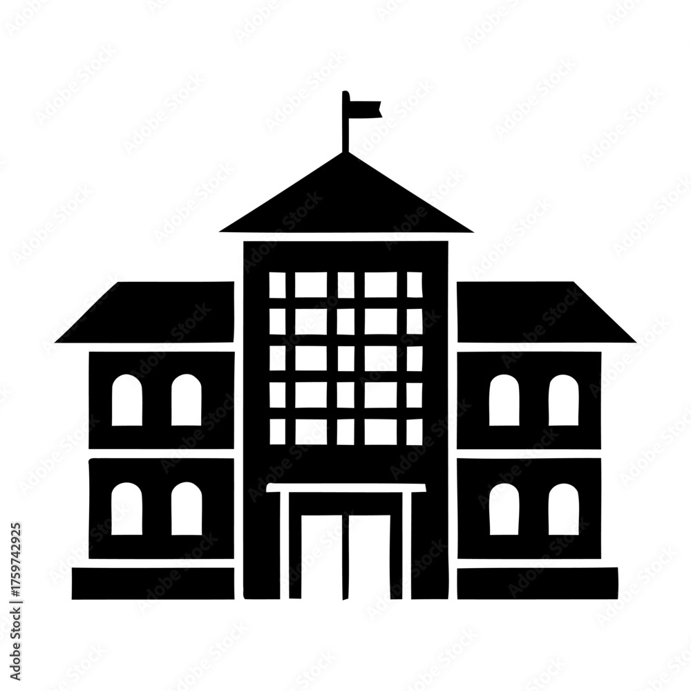 Minimalist Black School Building Icon with Pitched Roof and Flag Stock ...