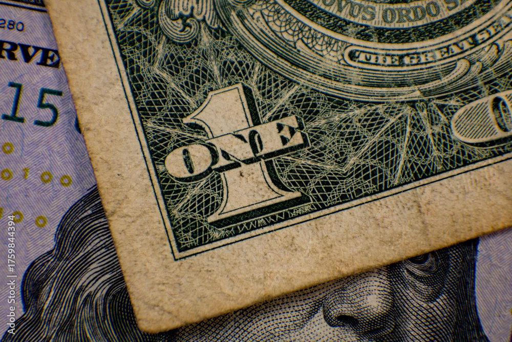 Dollar bill close-up showing a one dollar denomination with detailed ...