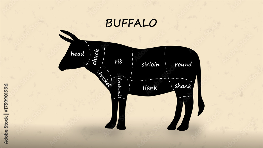 Butcher diagram of buffalo cuts illustrated on a paper background ...