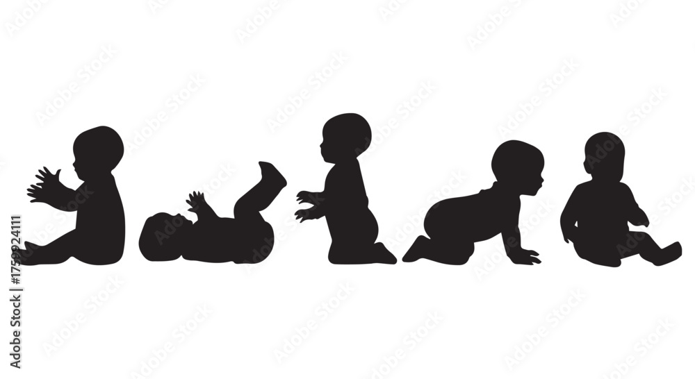 Silhouettes of a baby in various stages of development from sitting to ...