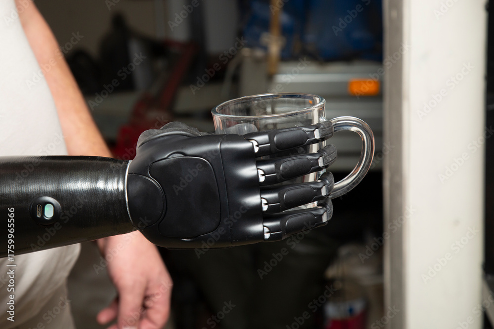 Prosthetic arm for an amputated arm. Cyber arm. The arm is controlled ...