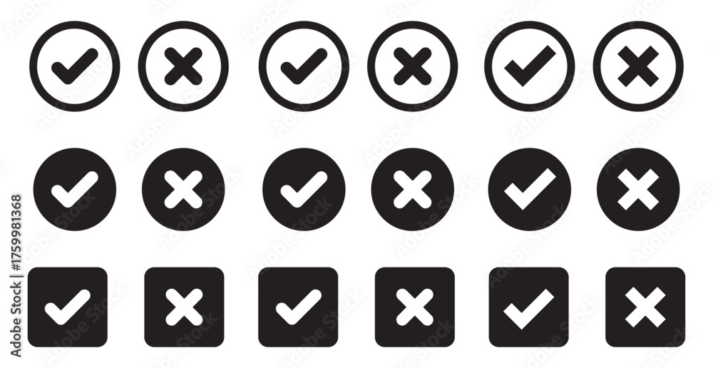 Right or wrong icons. Green tick and red cross checkmarks. Yes or no ...