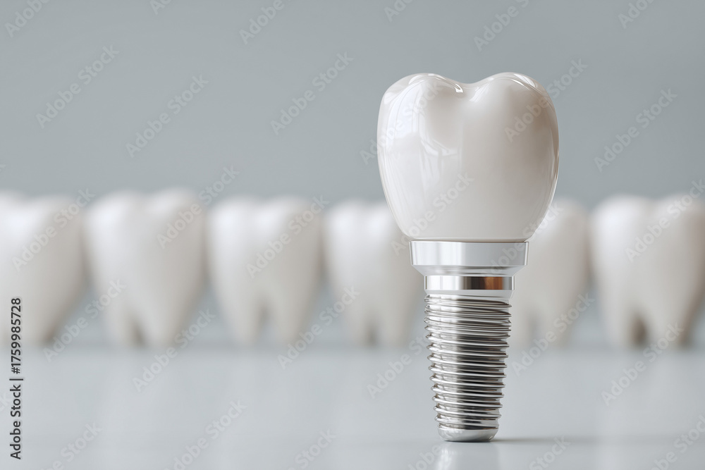 Dental implant with a tooth crown on display in a modern clinic with ...