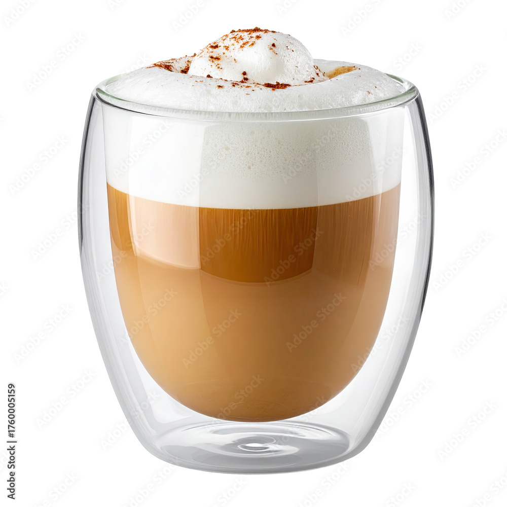 Coffee drink in a clear glass, layered with milk and froth, dusted with ...