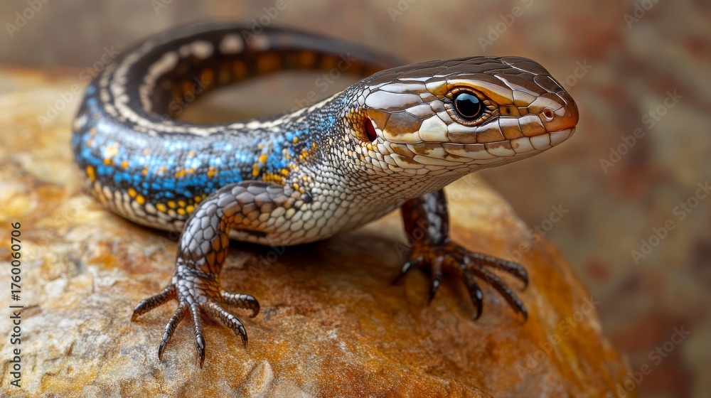 Vibrant blue tailed skink displaying yellow spots and detailed scales ...
