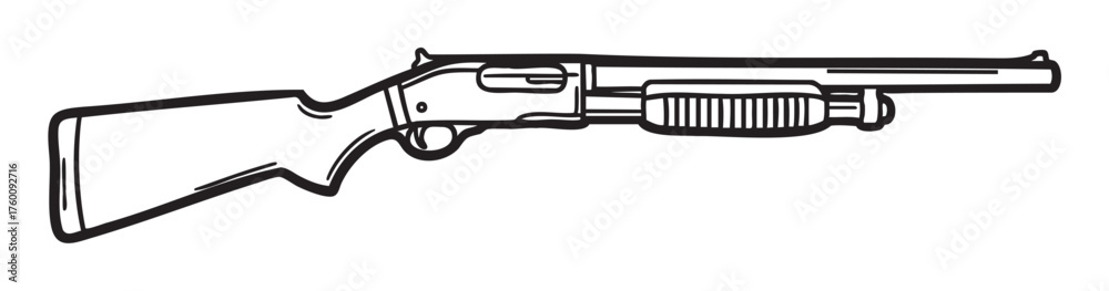 Black and white line drawing of a pump-action shotgun, featuring a ...