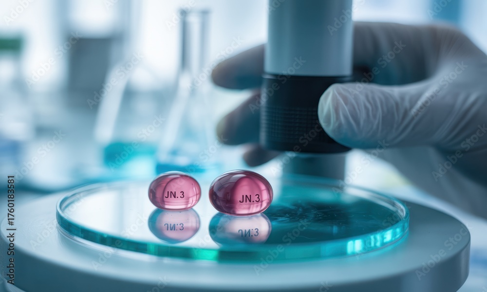 Gloved hand examining red JN.3 labeled blood drops on a glass slide ...