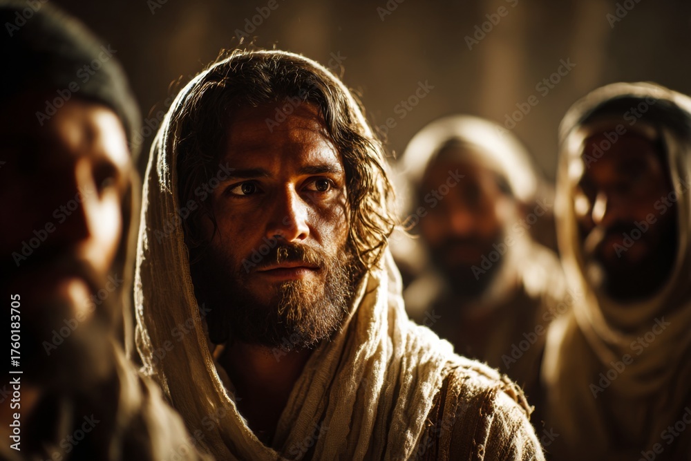 Jesus of Nazareth, about 30 years old and with long hair, looking with ...