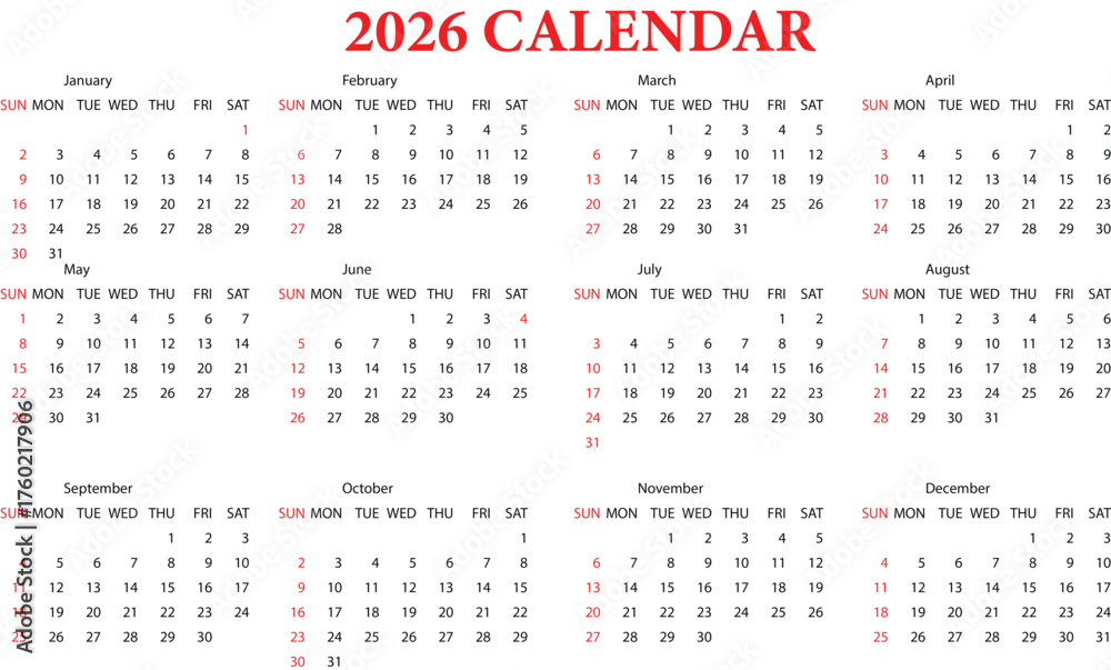 2026 calendar, showing all twelve months in a grid layout with days of ...