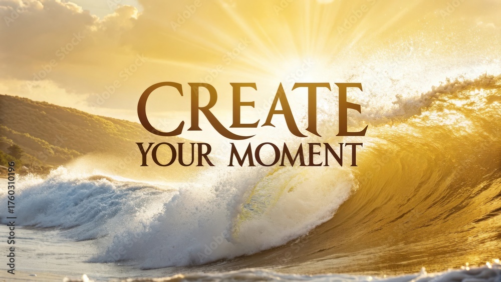 Inspirational beach scene with golden sunset over ocean waves and ...