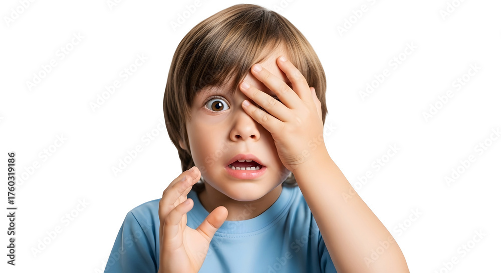 Shocked Young Boy Covers His Eye in Surprise, Expressing Fear and ...