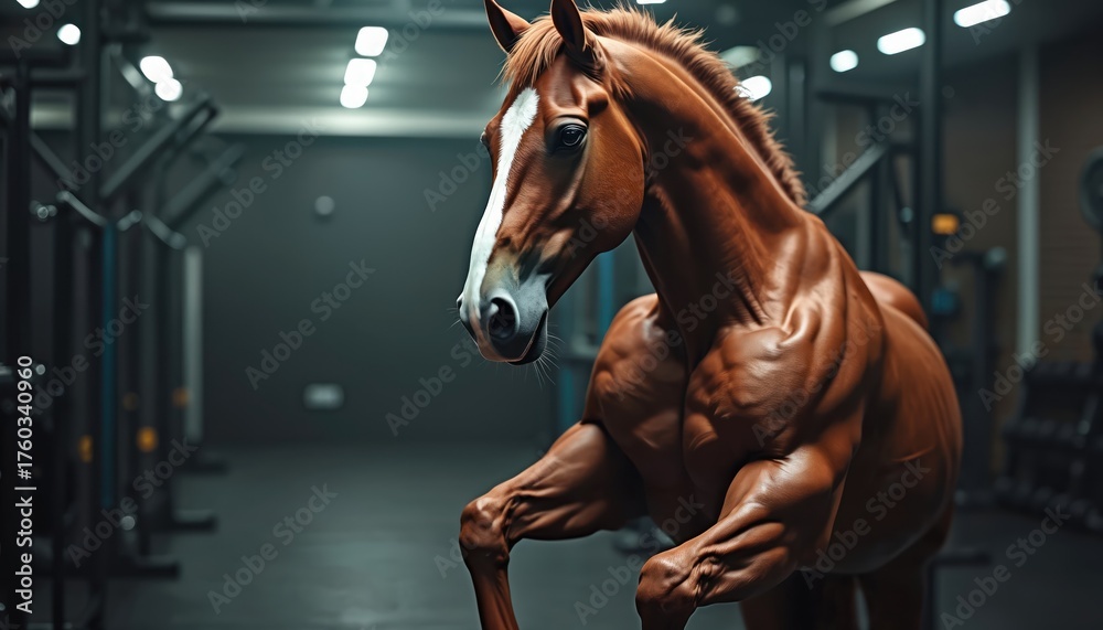 Muscular brown horse flexing its muscles in a modern gym. The powerful ...