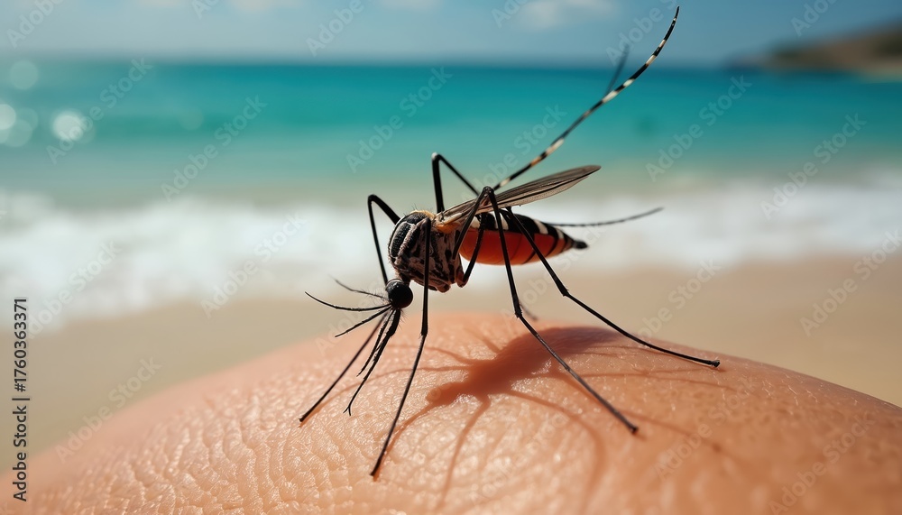 Mosquito bites human skin on sea beach. Parasite sucks blood causing ...
