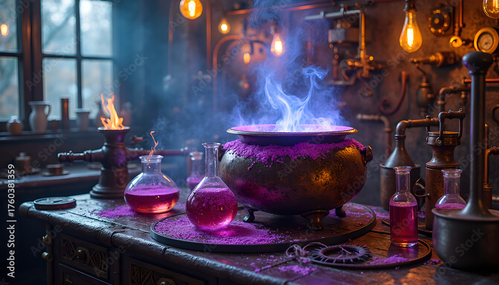 Magical potion cauldron bubbling with purple smoke in a steampunk ...
