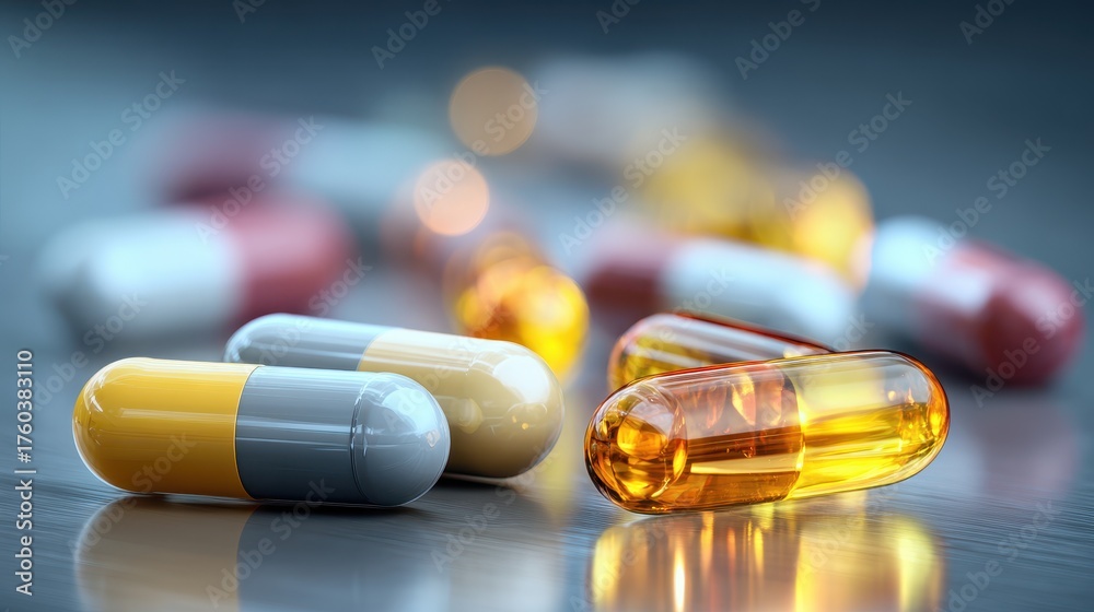 Beautiful photo of capsules and tablets lie on the table. Medical ...