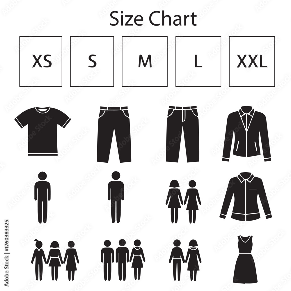 Clothing size chart with icons for different apparel types and human ...