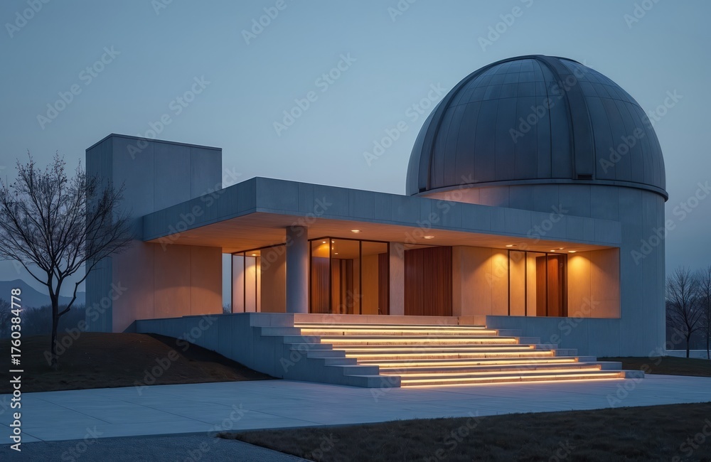 Exterior photo of modern observatory at twilight. Building spherical ...