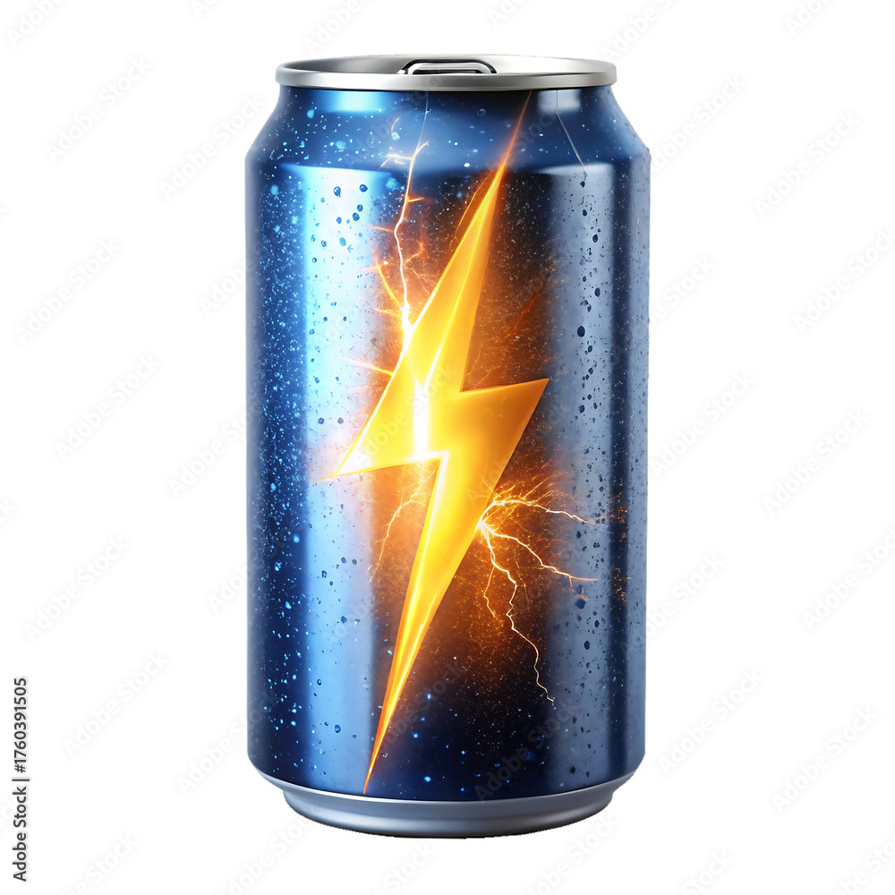 Isolated energy drink can with a lightning bolt, sparkling on ...