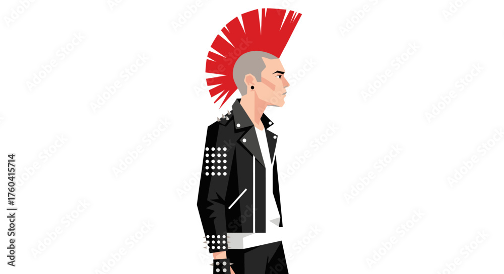 Illustrative portrayal of a punk rock character with a bold red mohawk ...