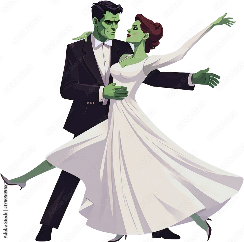 Elegant monster couple dancing romantically in their wedding attire, a ...