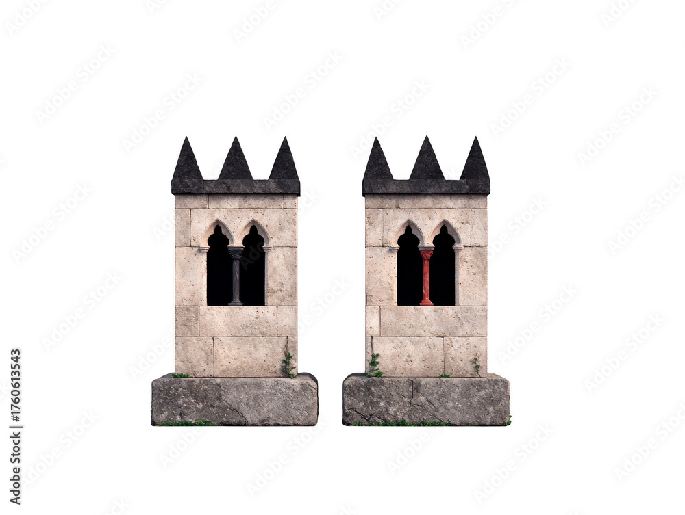 Medieval stone window frame with gothic arch design and decorative ...