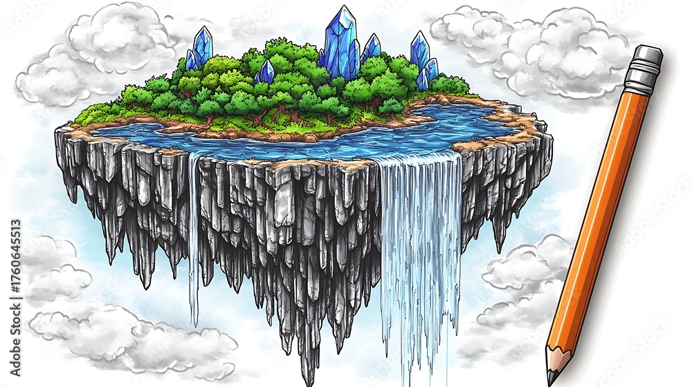 Fantasy floating island with waterfall and crystal city drawn with ...