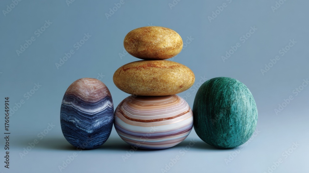 Stock-Foto „Group of five objects arranged in a pyramid-like formation ...