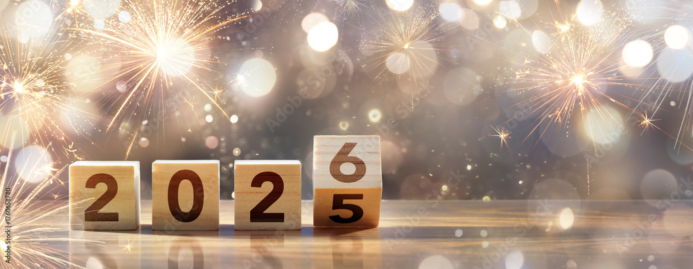 2026 New Year Celebration - Wooden Number Blocks And Golden Fireworks ...