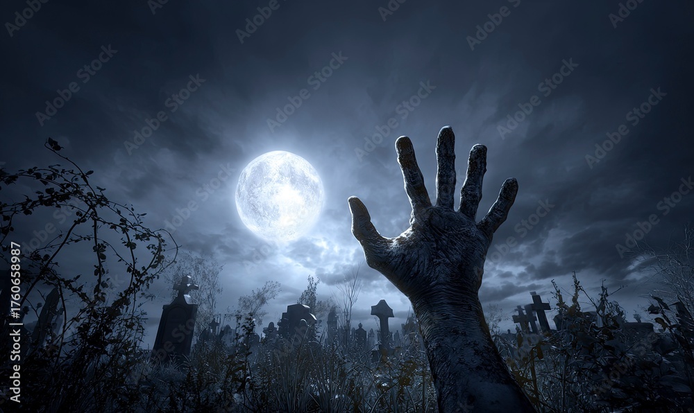 Terrifying zombie hand erupts from dark, eerie ground, a chilling ...