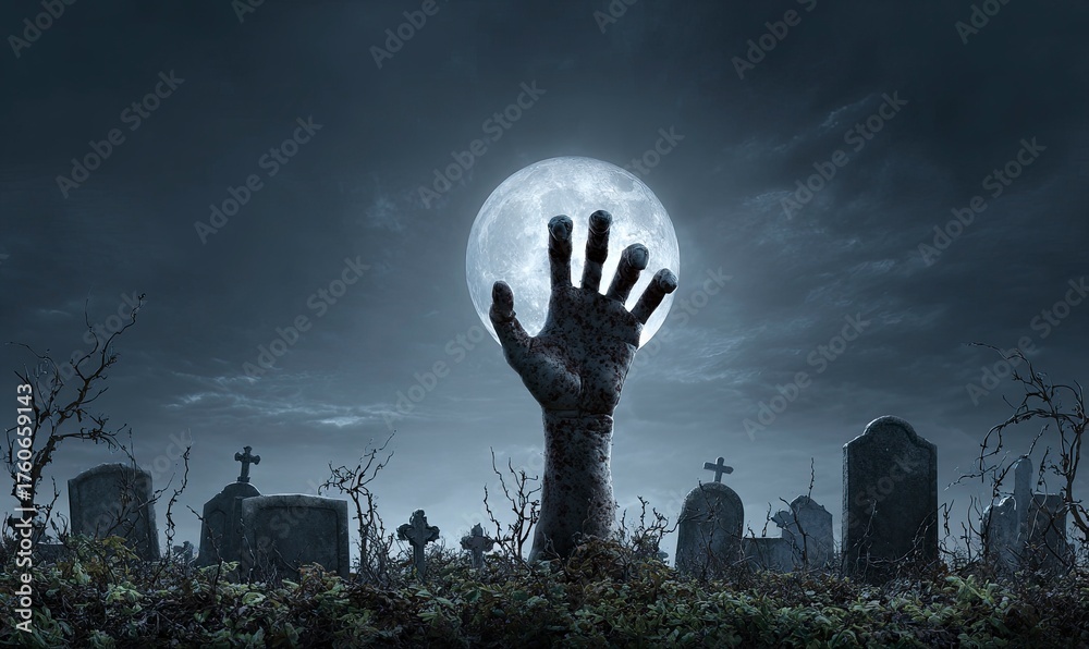 Terrifying zombie hand erupts from dark earth, reaching out ominously ...