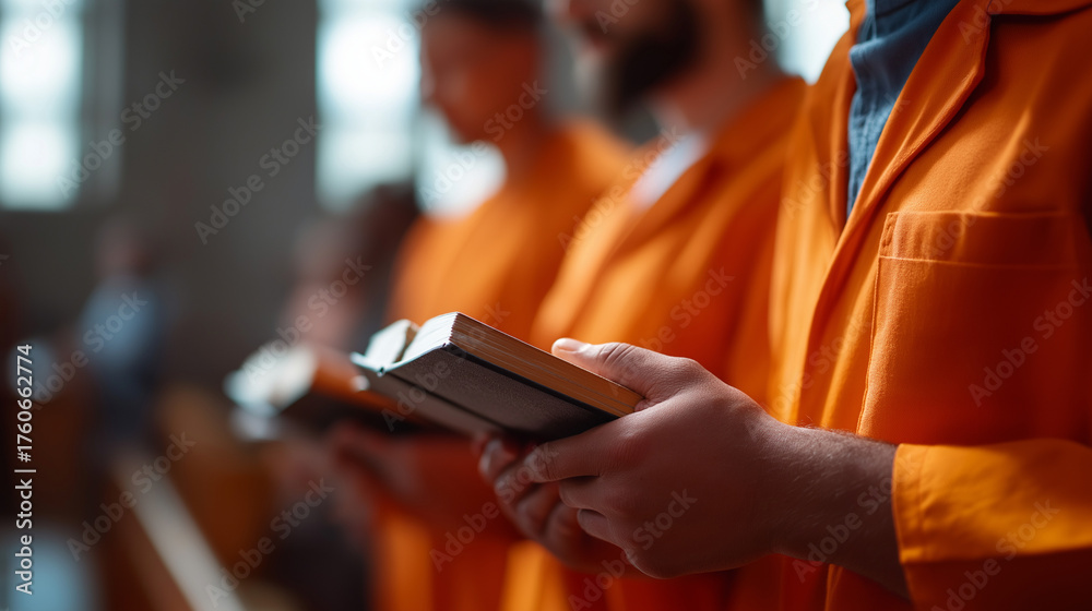 Inmates' hands holding Bibles in prison chapel orange jumpsuits visible ...