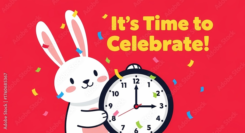 Cute bunny with clock saying its time to celebrate on red background ...