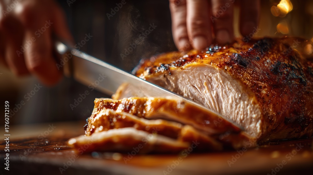 Juicy roast meat sliced and prepared for serving at a festive gathering ...