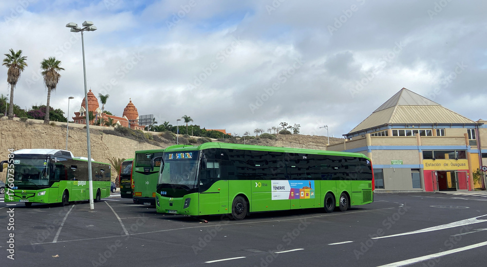 Las Americas,Tenerife,Spain - October 18, 2025: Green Titsa buses at ...