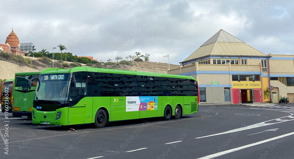 Las Americas,Tenerife,Spain - October 18, 2025: Green Titsa buses at ...