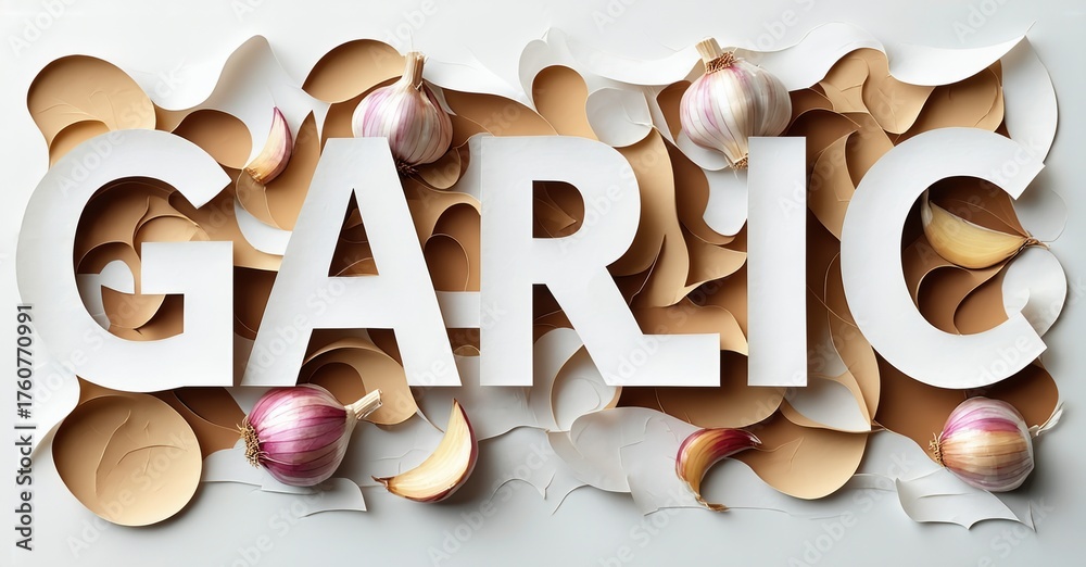 Garlic word formed from bulbs, cloves. Creative food presentation ...