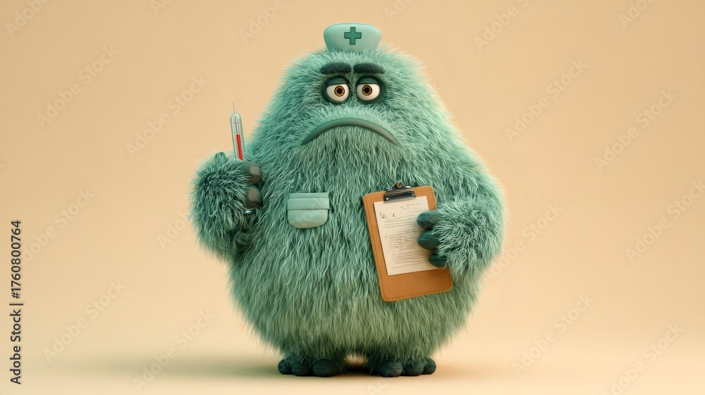 Ilustracja bez tantiem: Funny fluffy monster nurse holding a syringe ...