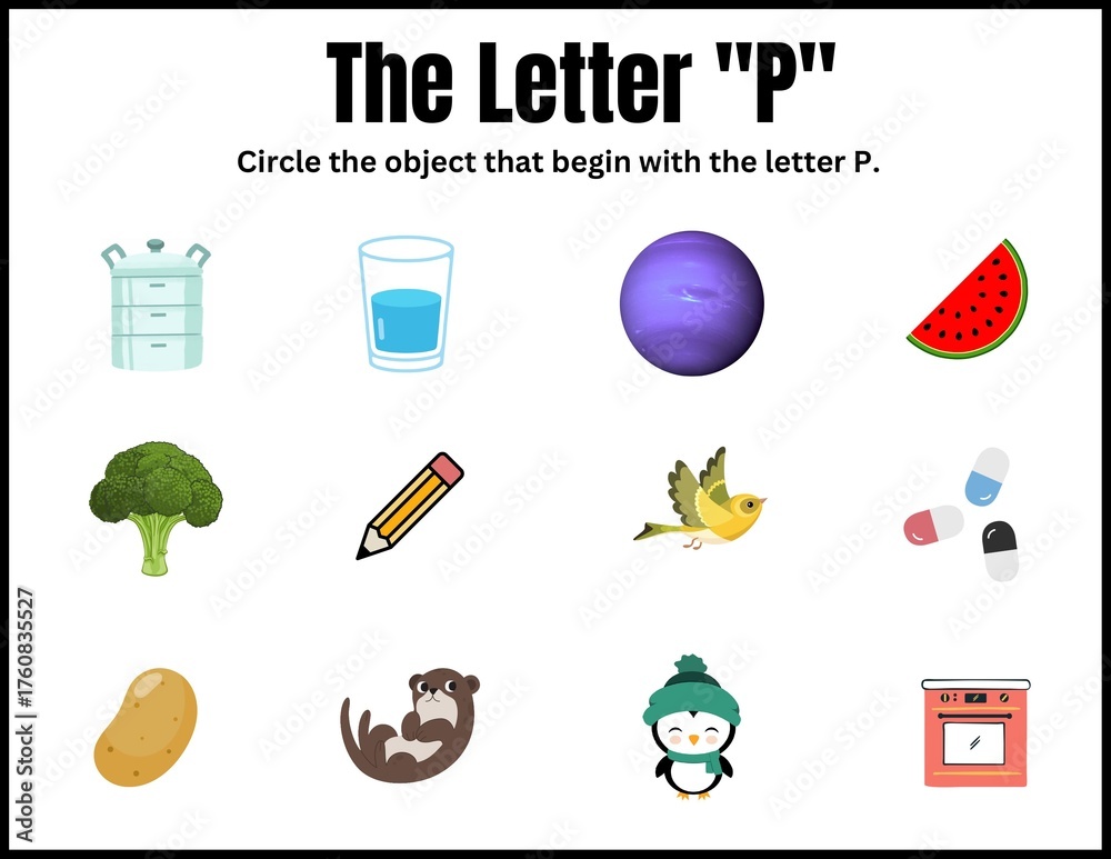 Developmental worksheet with objects whose names begin with the letter ...