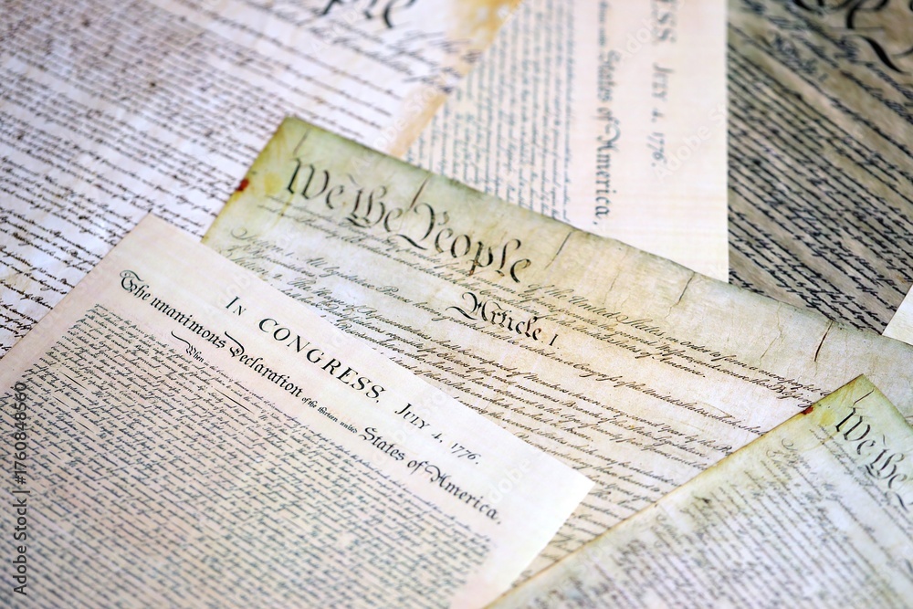 Closeup of a replica of U.S. document of American constitution We the ...