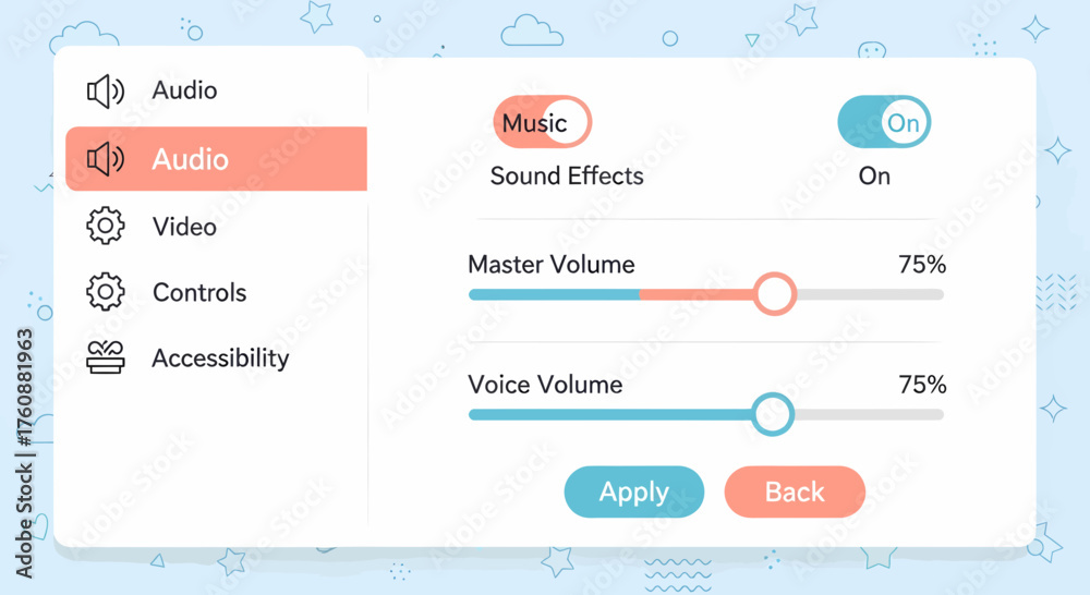 User Interface Showing Audio Settings Control Panel In Cute Design ...