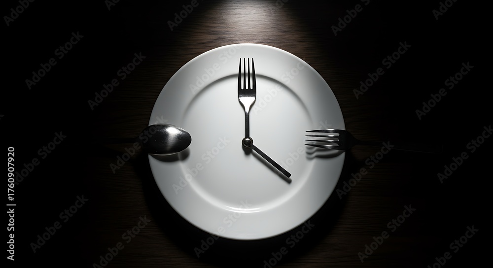 Table setting shaped as clock, food time management concept, healthy ...