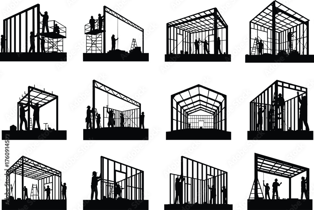 Vector de Stock Construction, Building, Workers, Silhouette, Framing ...