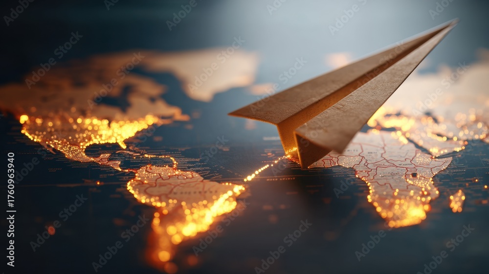 Brown paper airplane flying over an illuminated world map. Global ...