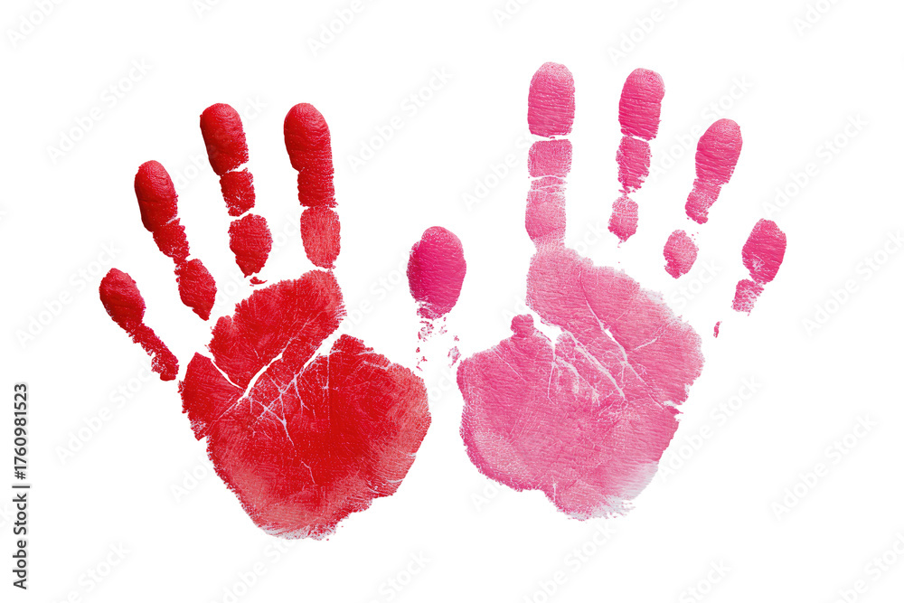 Two handprints, red and pink, on a black background. One handprint ...