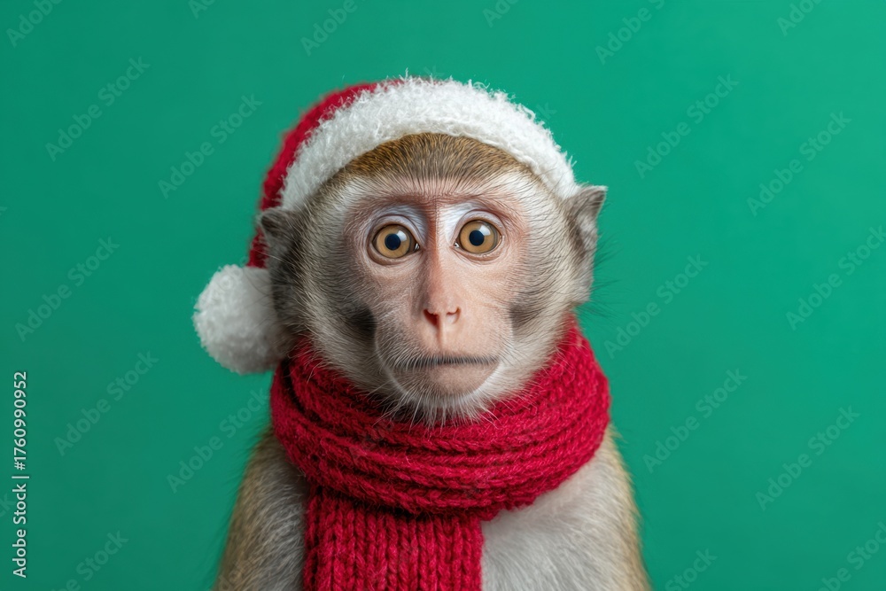 Cute Animal Head with Santa Claus Hat. Monkey Wearing a Santa Hat and ...