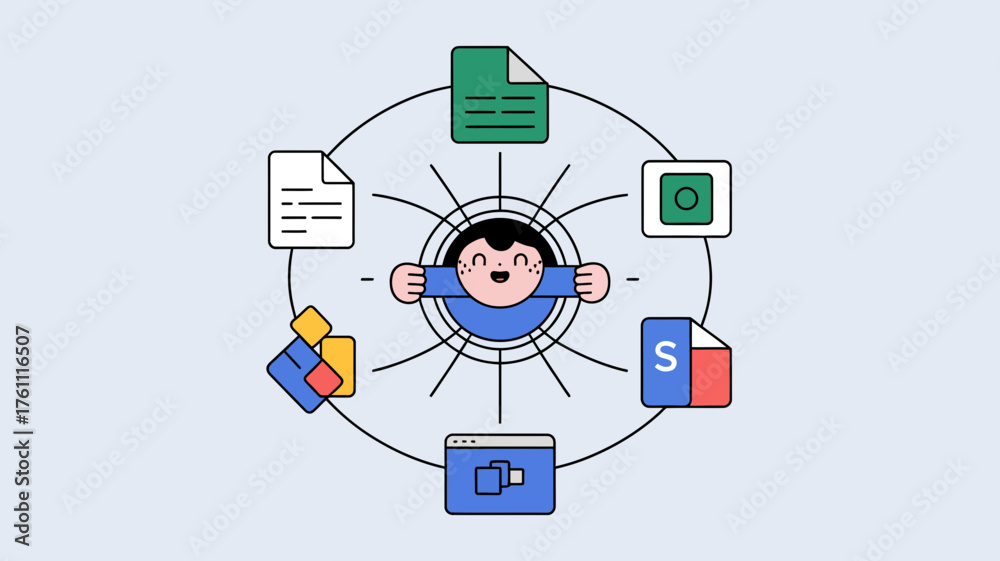 Cartoon character at center of information network connecting to ...